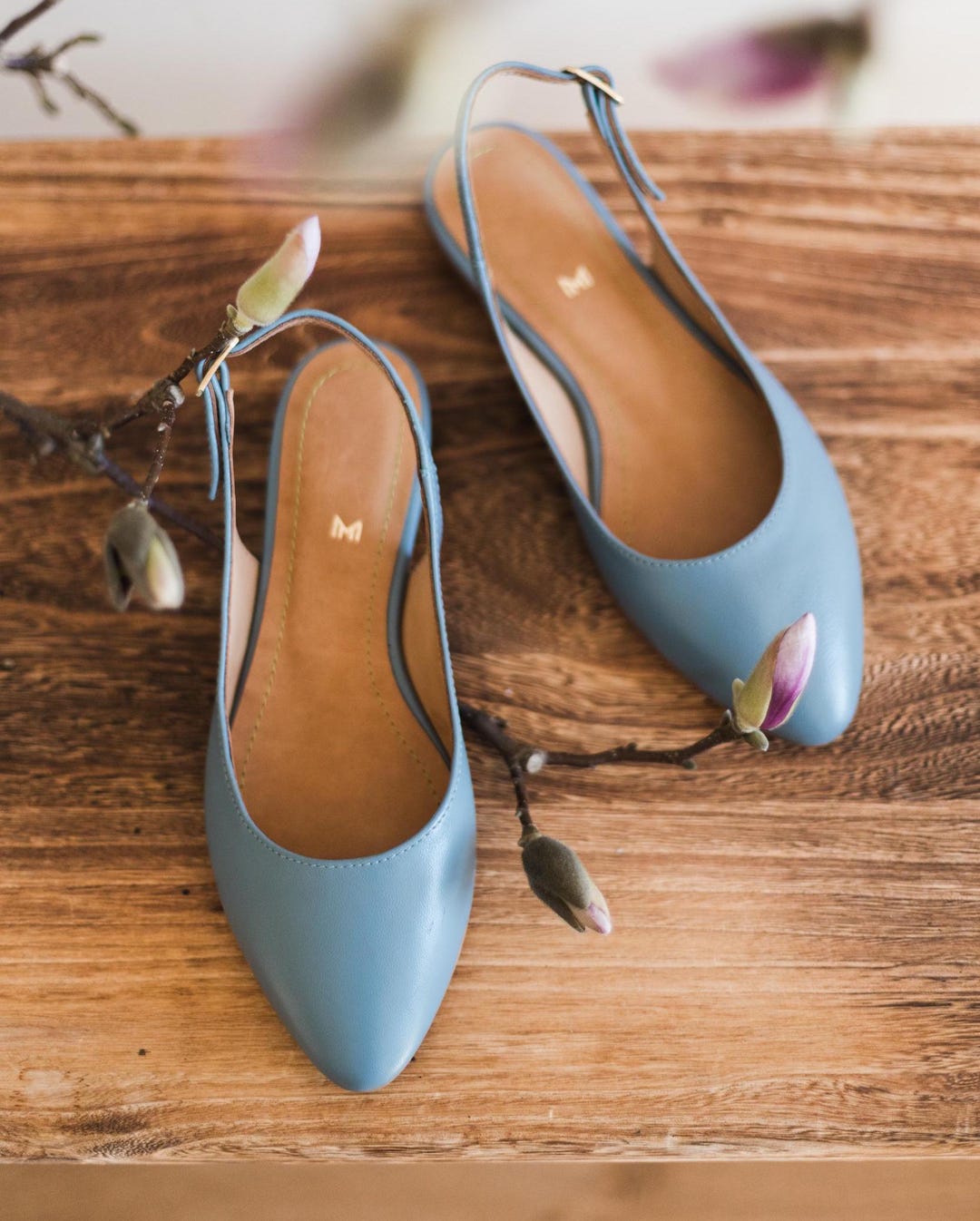 Handmade Dusty Blue Leather Slingback Ballerinas: Pointed Toe Flats - Etsy