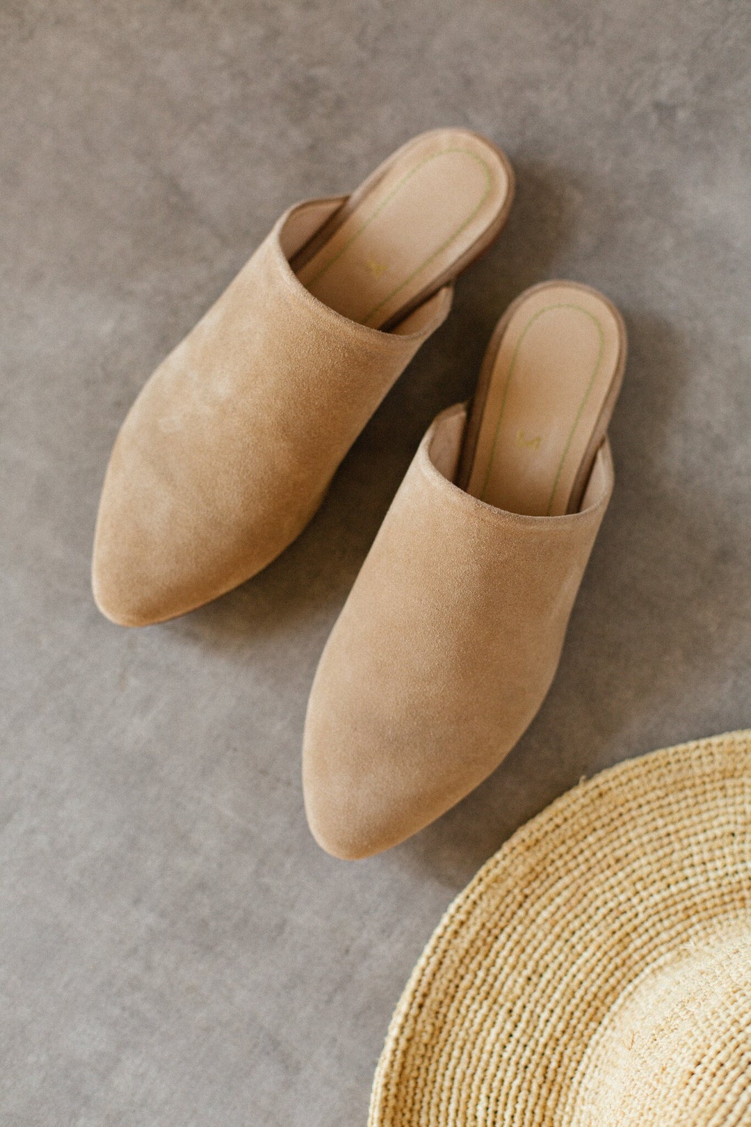 Classic Retro Beige Velvet Leather Mules, Gift for Her, Boho Style ...