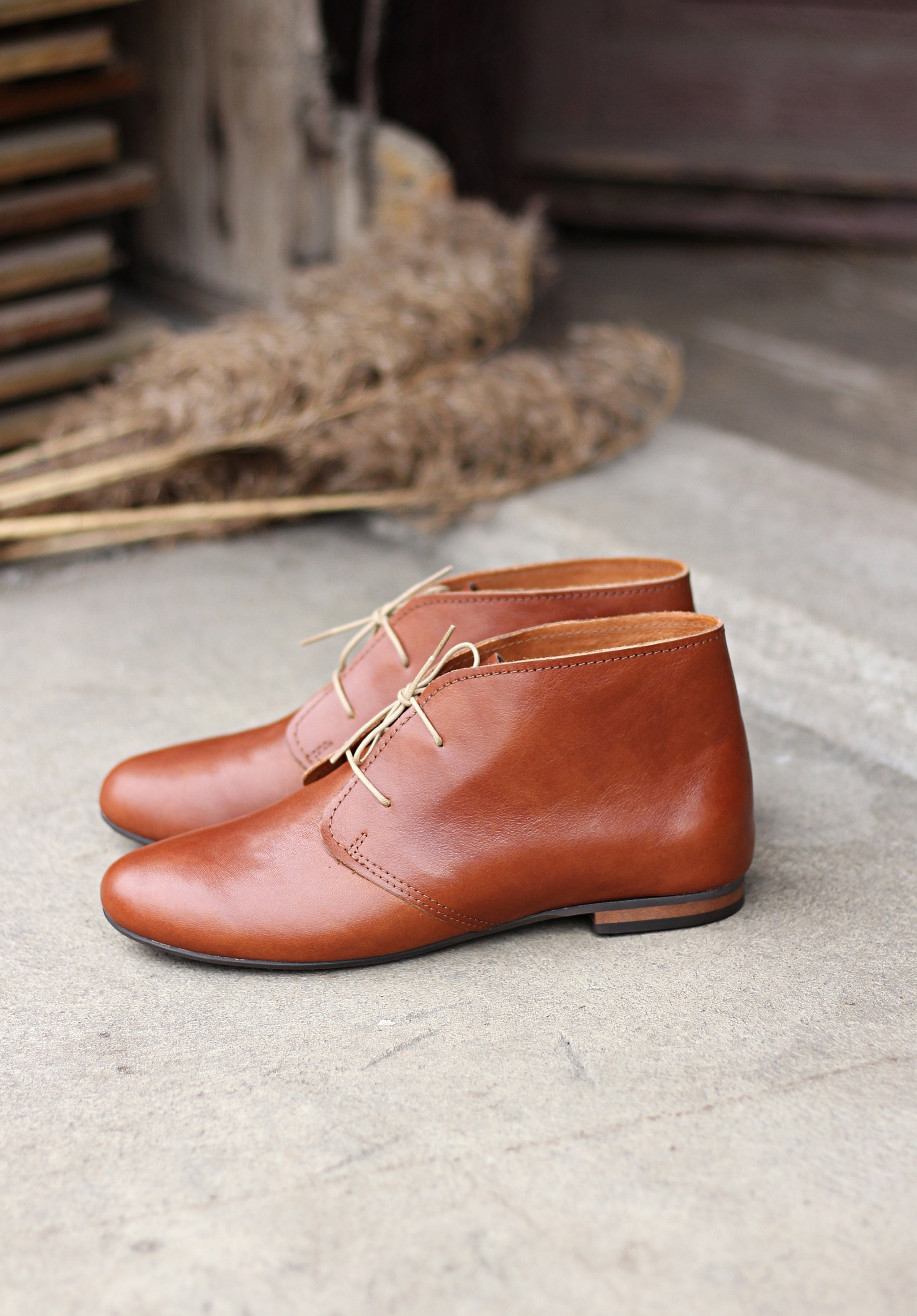 Retro Style Cognac Brown Genuine Leather Classic Booties | Etsy