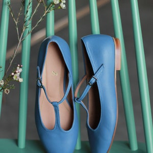 Retro Style Blue Genuine Leather Ballet Flats, T-bar Shoes, Mary Jane ...
