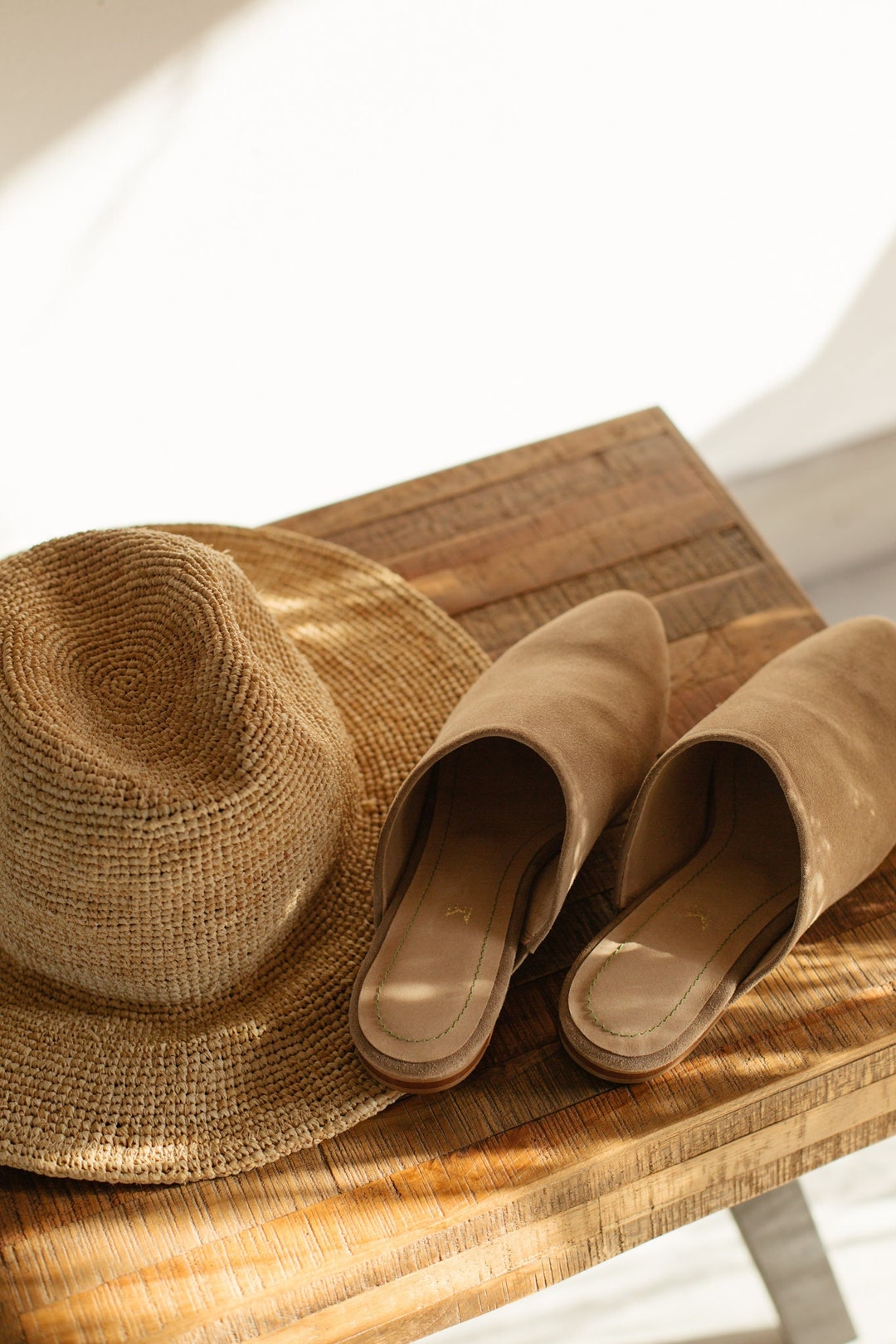 Classic Retro Beige Velvet Leather Mules, Gift for Her, Boho Style ...