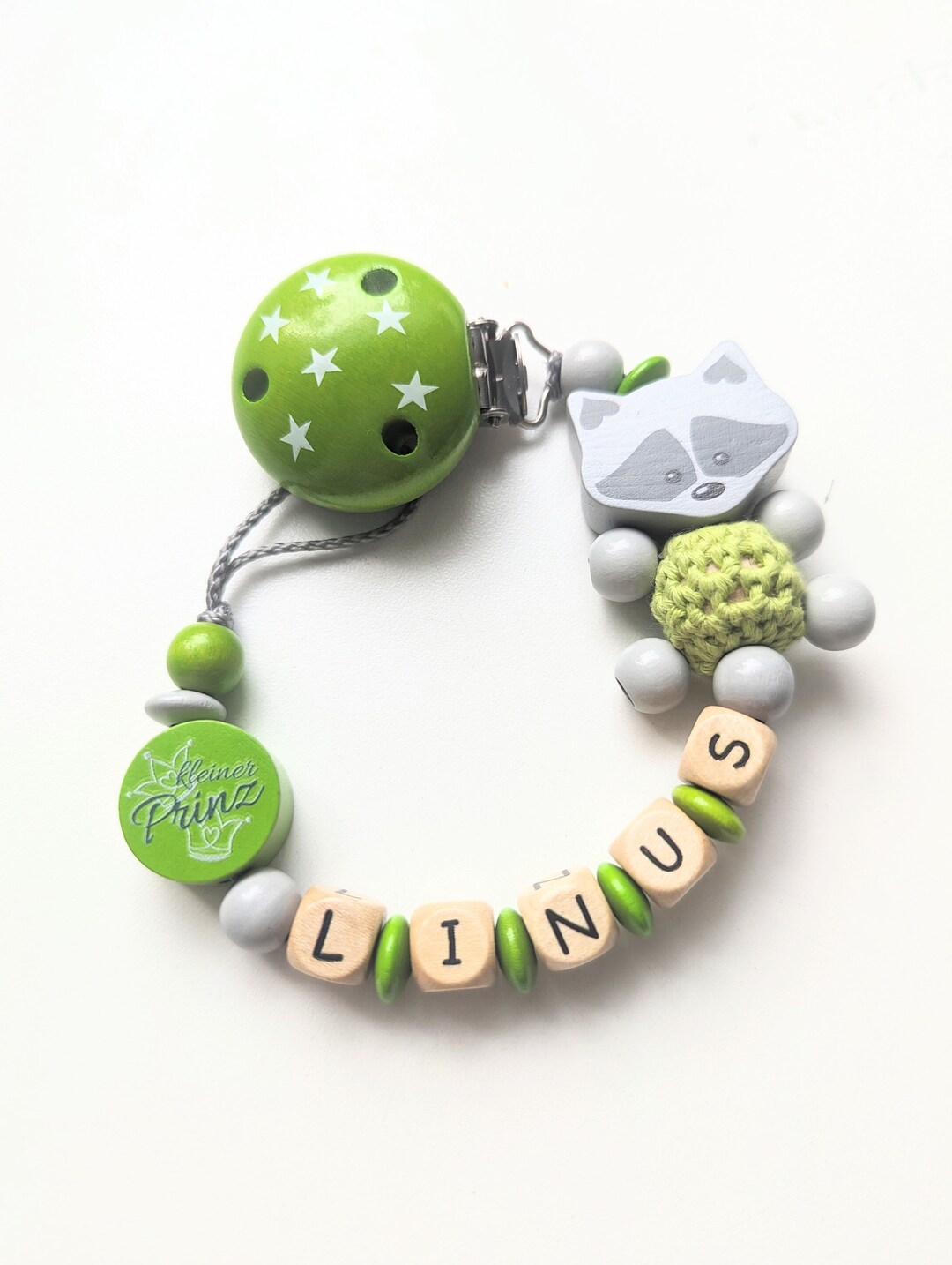 Pacifier Chain With Name Boy Personalized Raccoon Green Birth Baptism ...