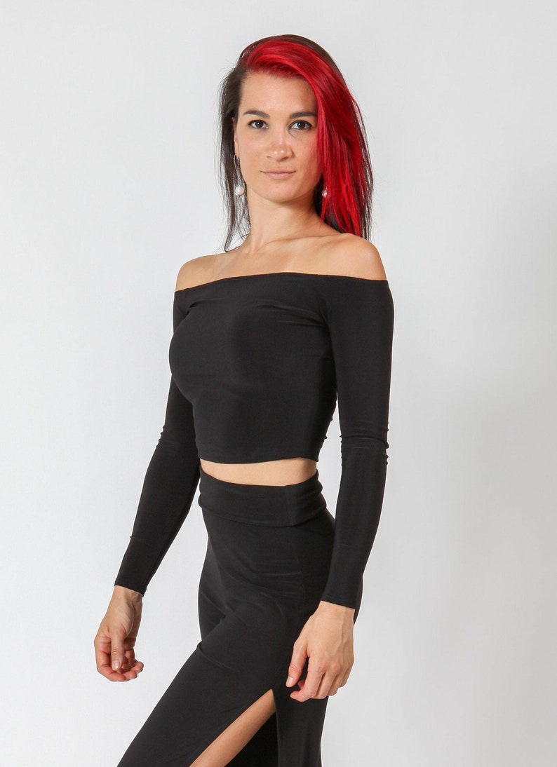 Black Off The Shoulder Long Sleeve Crop Top Black Long Sleeve Etsy