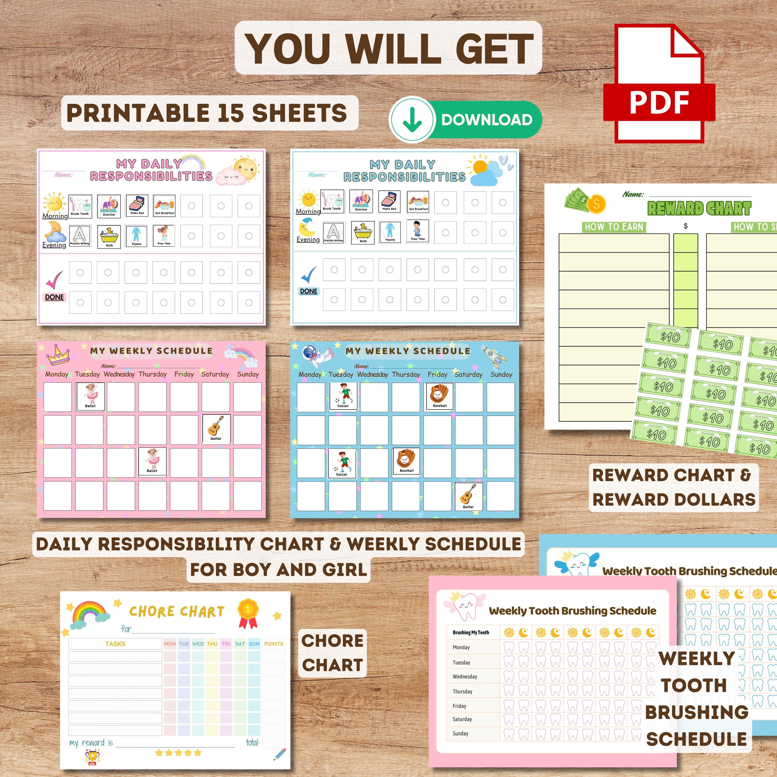 Daily Routine Chore Chart for Kids - Responsibility & Reward Chart ...
