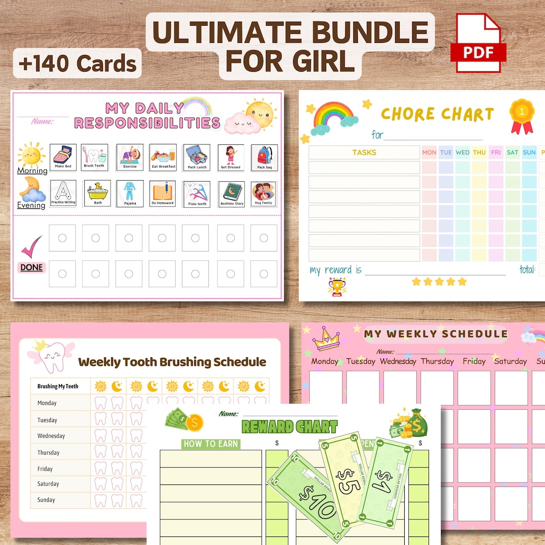Daily Routine Chore Chart for Girl - Responsibility & Reward Chart ...
