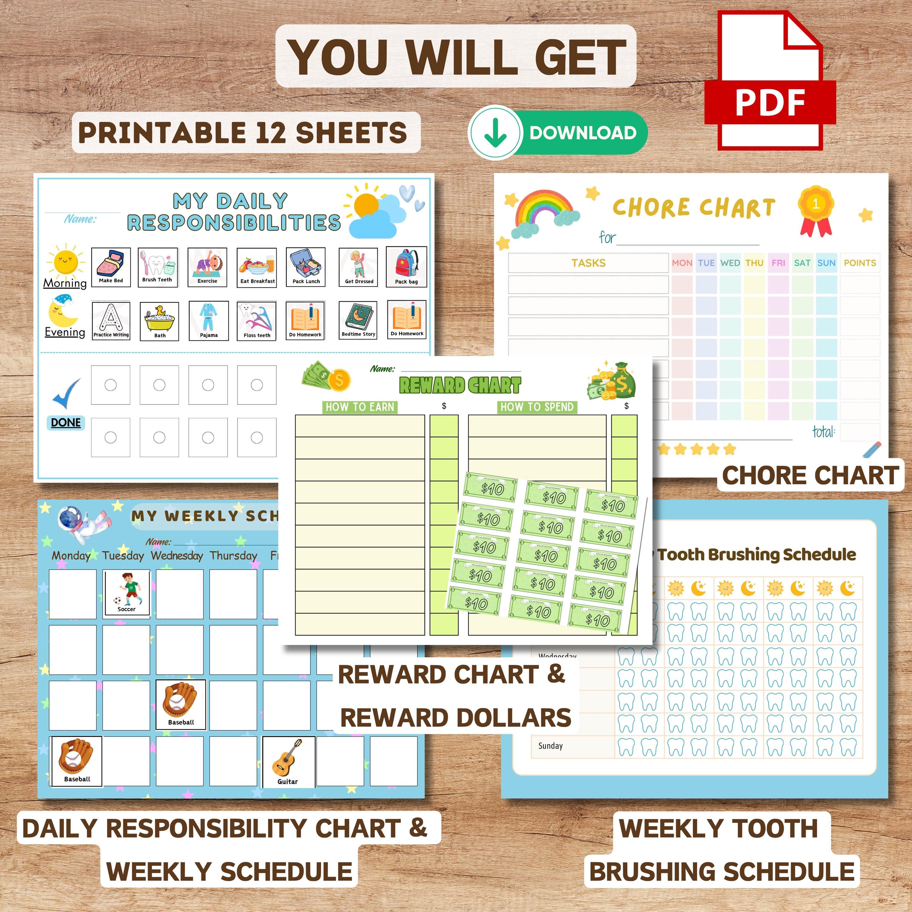 Daily Routine Chore Chart for Boy - Responsibility & Reward Chart ...