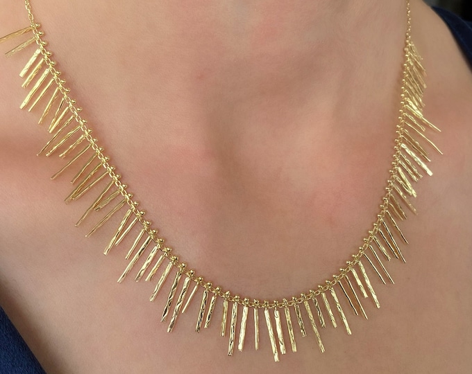 14K Gold Fringe Necklace on 925 Sterling Silver - Cleopatra Necklace ...