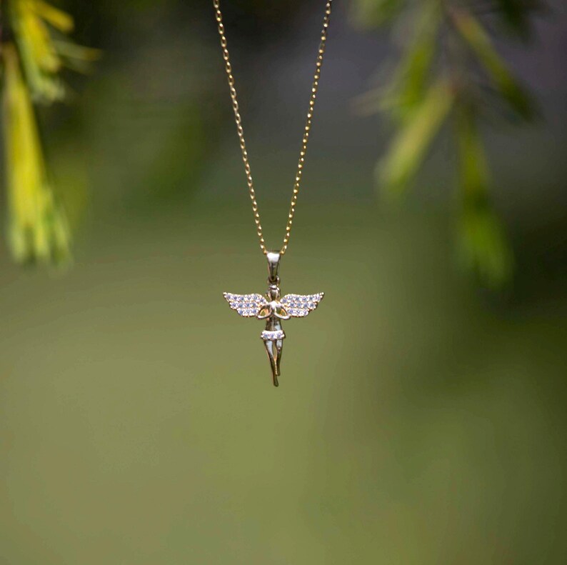 14K Solid Gold Angel Necklace, Good Luck Charm, Guardian Angel Pendant ...