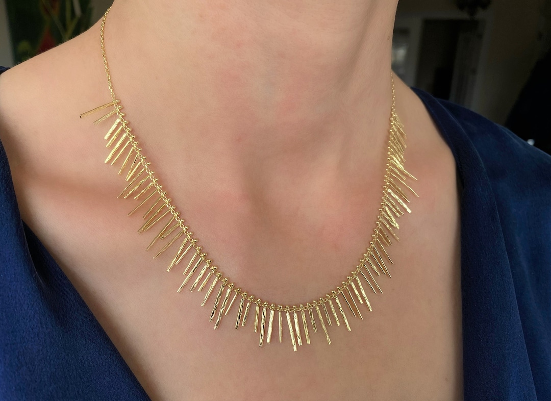 14K Gold Fringe Necklace on 925 Sterling Silver - Cleopatra Necklace ...