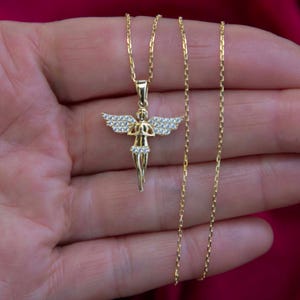 14K Solid Gold Angel Necklace, Good Luck Charm, Guardian Angel Pendant ...