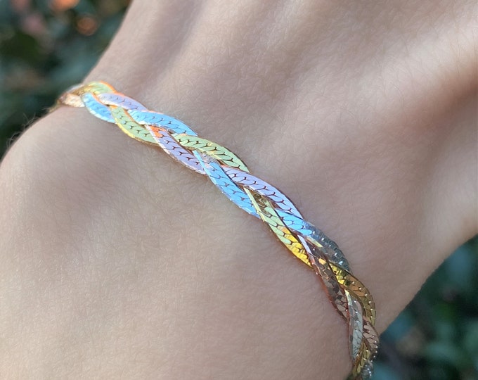 Tricolor Braided Flat Snake Bracelet- 925 Sterling Silver- Braided ...