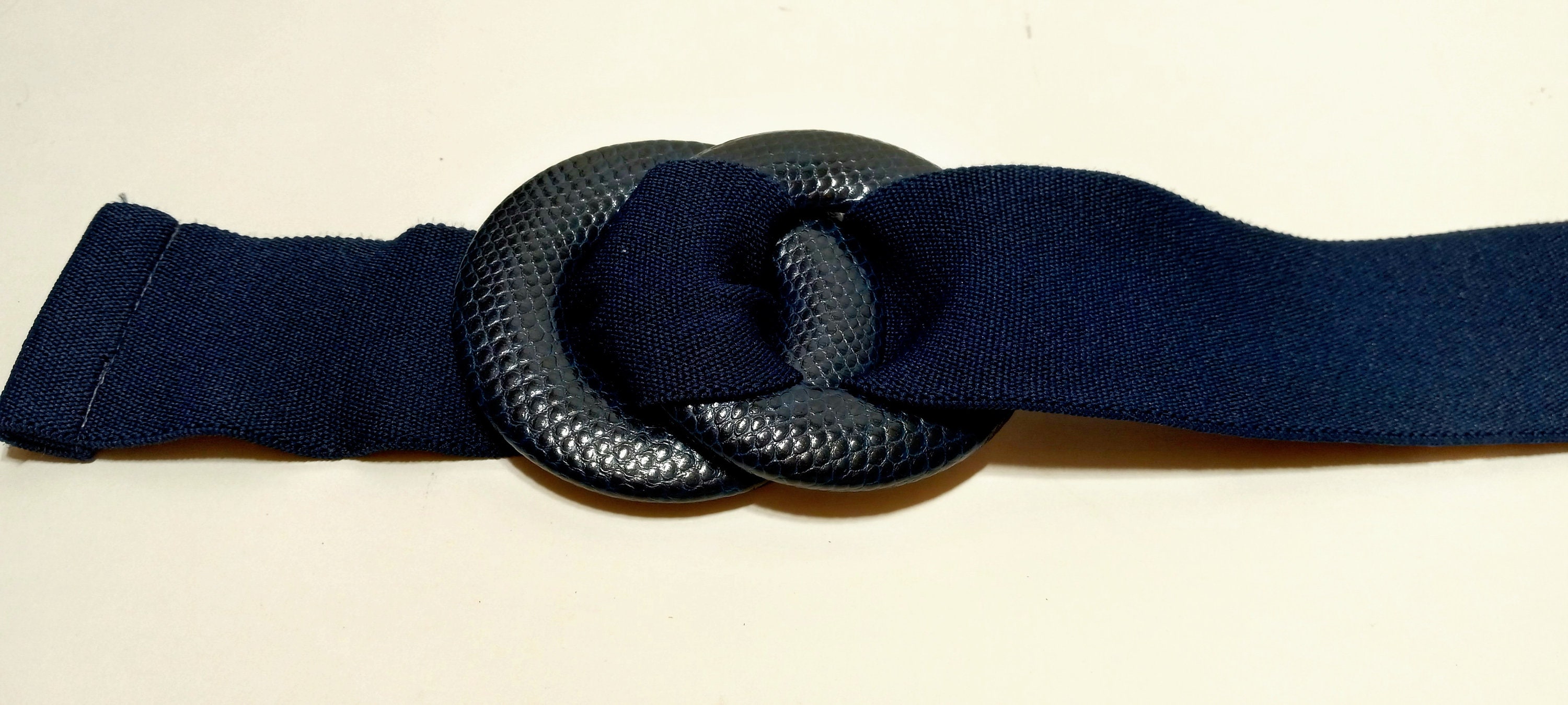 Women's Navy Blue Adjustable Elastic Waistband Belt With Navy Blue Double Ring Vinyl Centerpiece ...