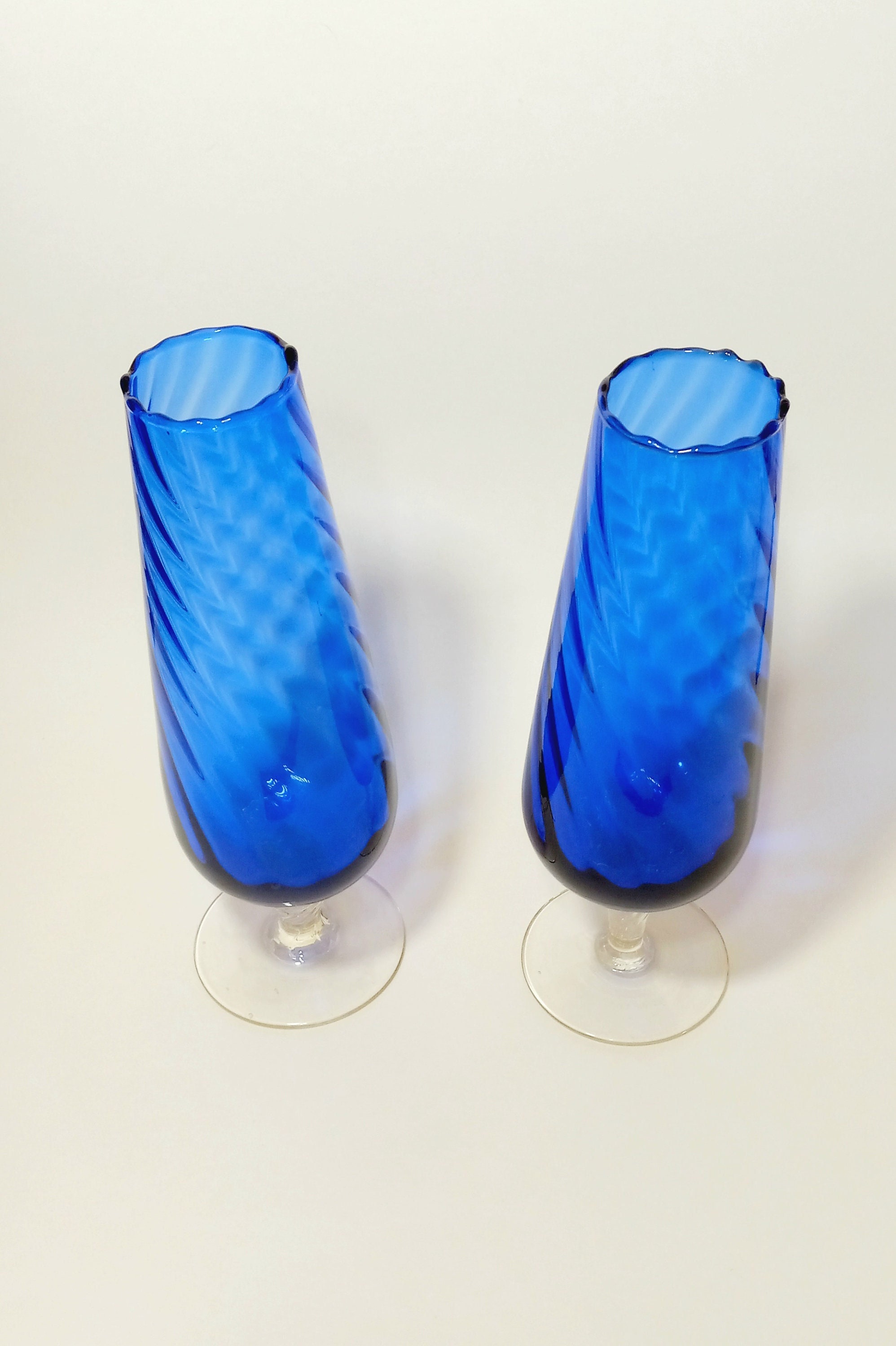 2 Colbalt Blue Optic Swirl Blown Glass 10 Bud Vases Non Matching Stems Colbalt Blue Glass Blue
