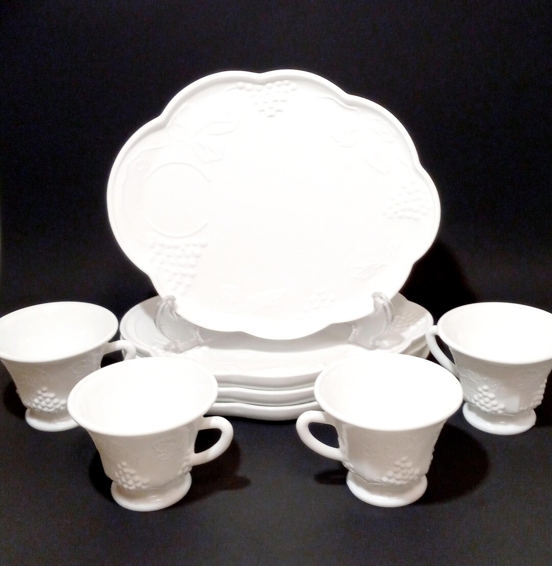 Set of 4 Indiana Glass Milk Glass Snack Set Colony Pattern-4 Plates and ...