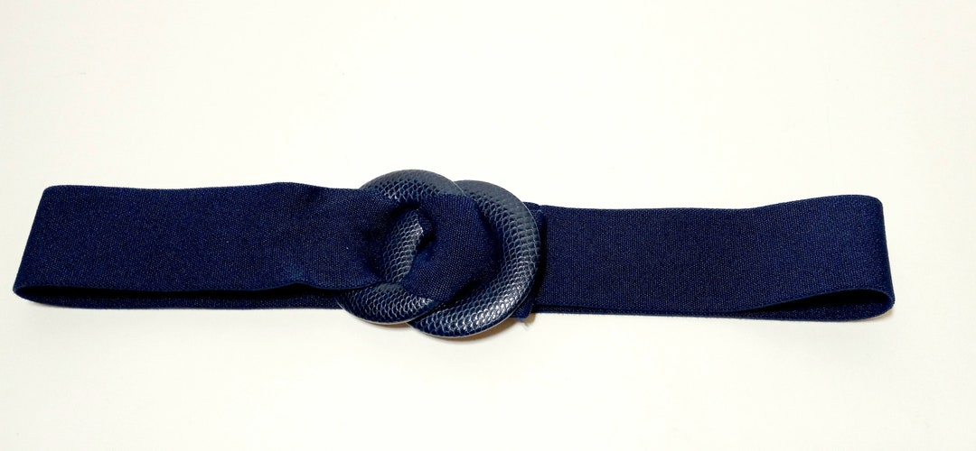 Women's Navy Blue Adjustable Elastic Waistband Belt With Navy Blue Double Ring Vinyl Centerpiece ...
