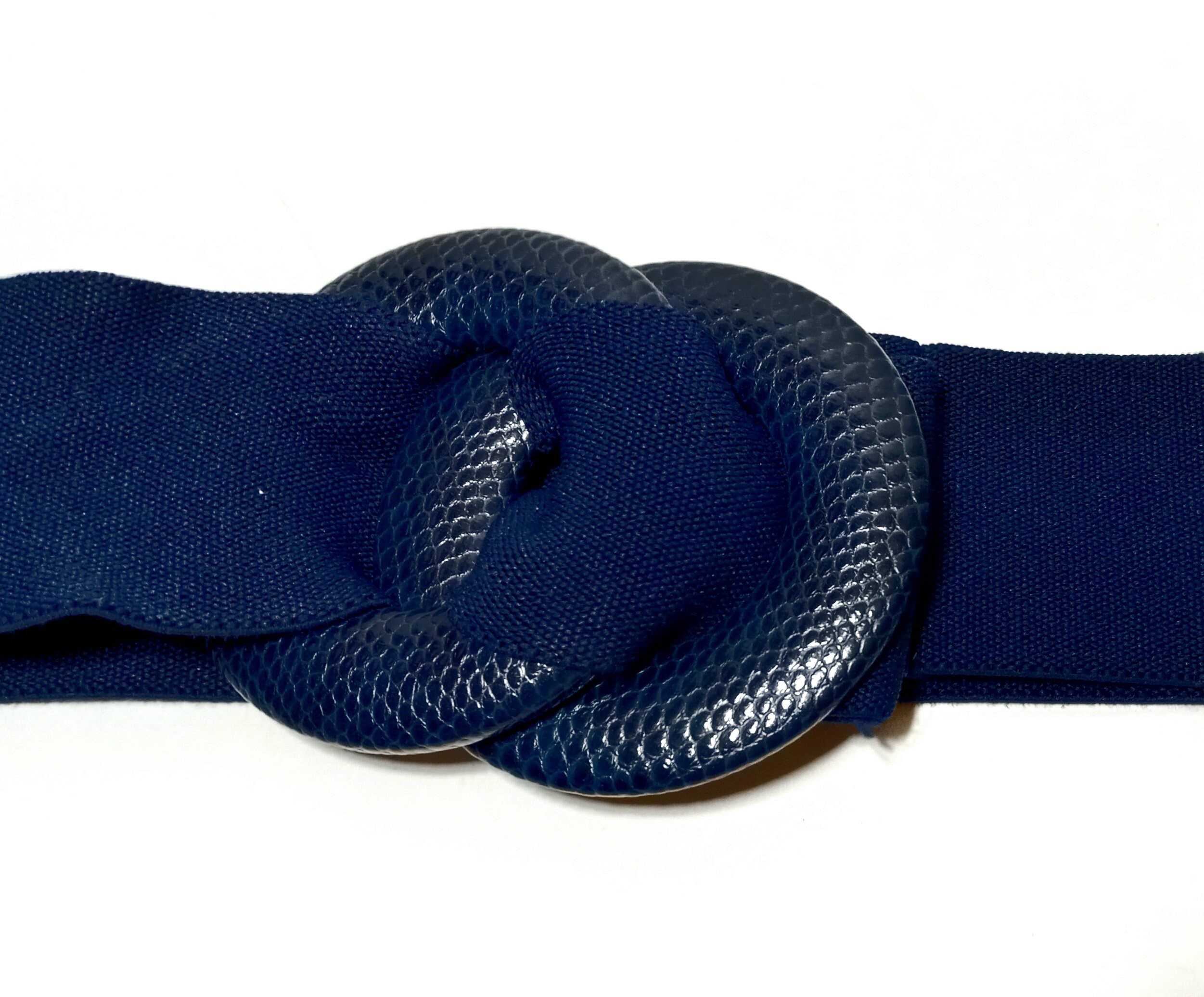Women's Navy Blue Adjustable Elastic Waistband Belt With Navy Blue Double Ring Vinyl Centerpiece ...