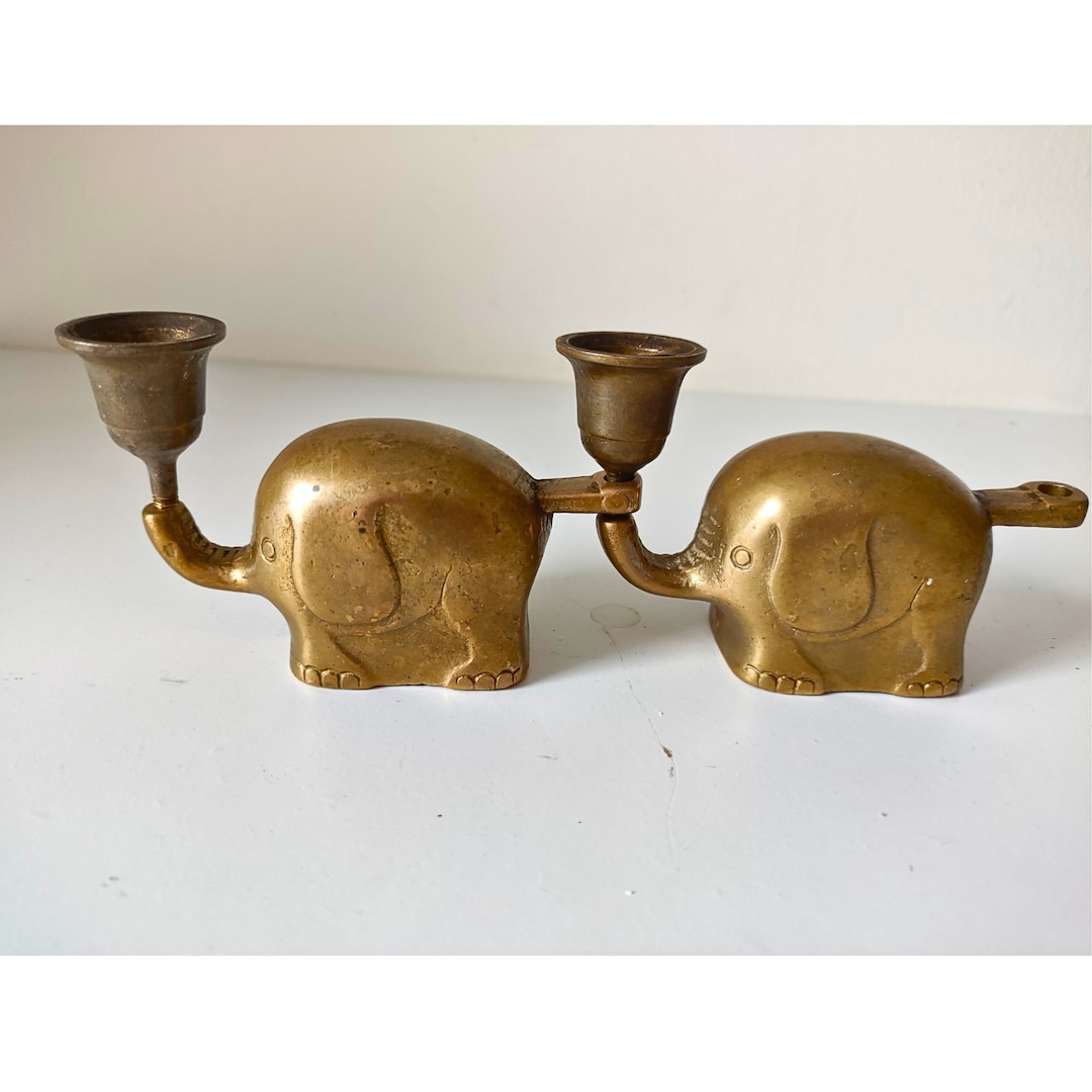 Brass Elephant Candle Holders Set of 2 Interlocking Trunks Modules ...