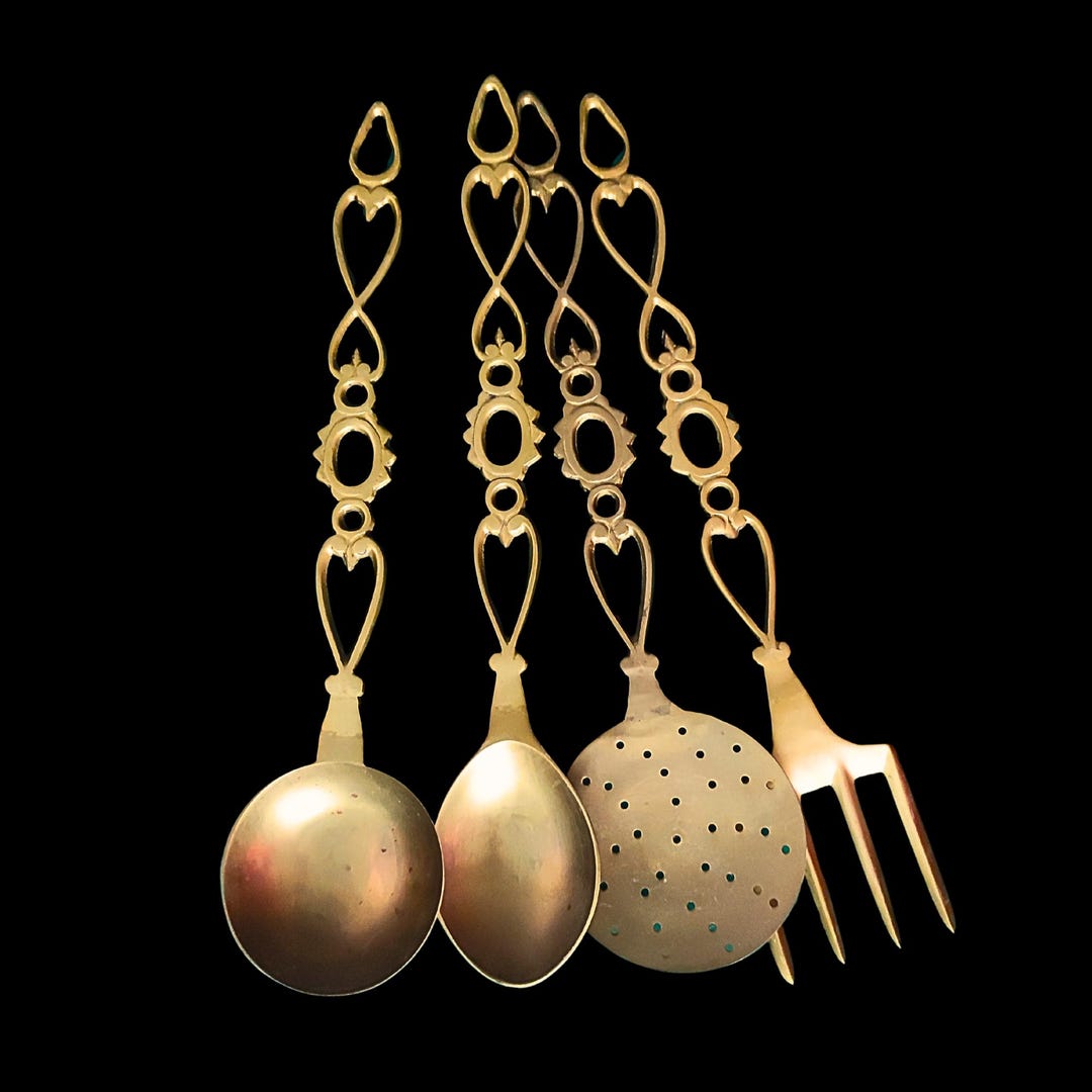 Vintage Brass Kitchen Utensils Set 4 Pieces Strainer Ladle Fork Spoon ...