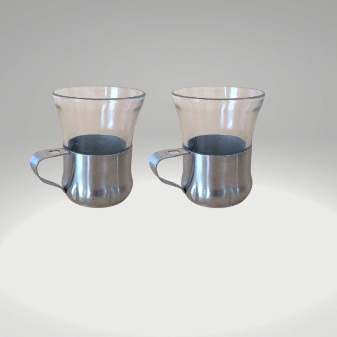 Two French Coffee Mugs With Metal Stands Vintage Glass Mugs With Metal ...