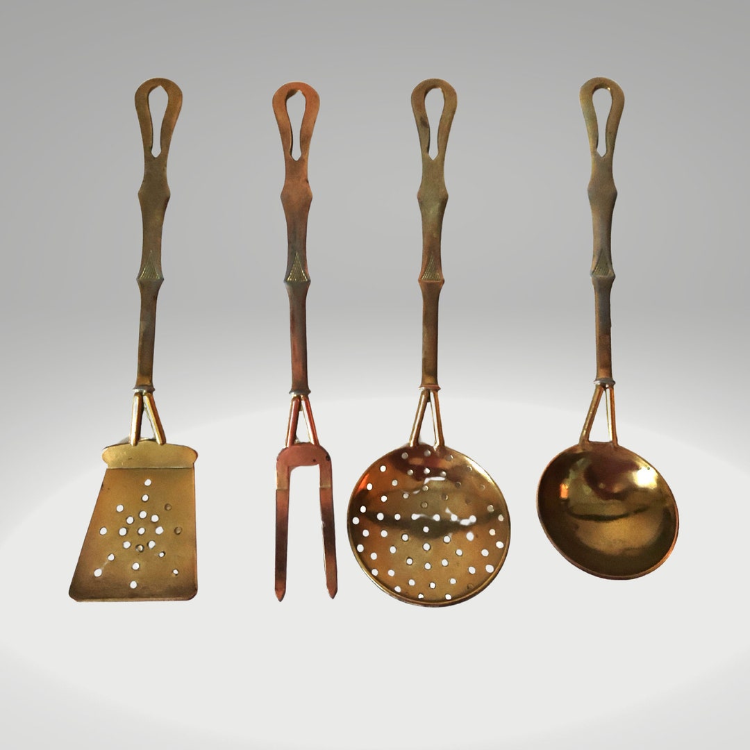 French Vintage Brass Kitchen Utensils 4 Piece Set, Sieve, Ladle, Fork ...