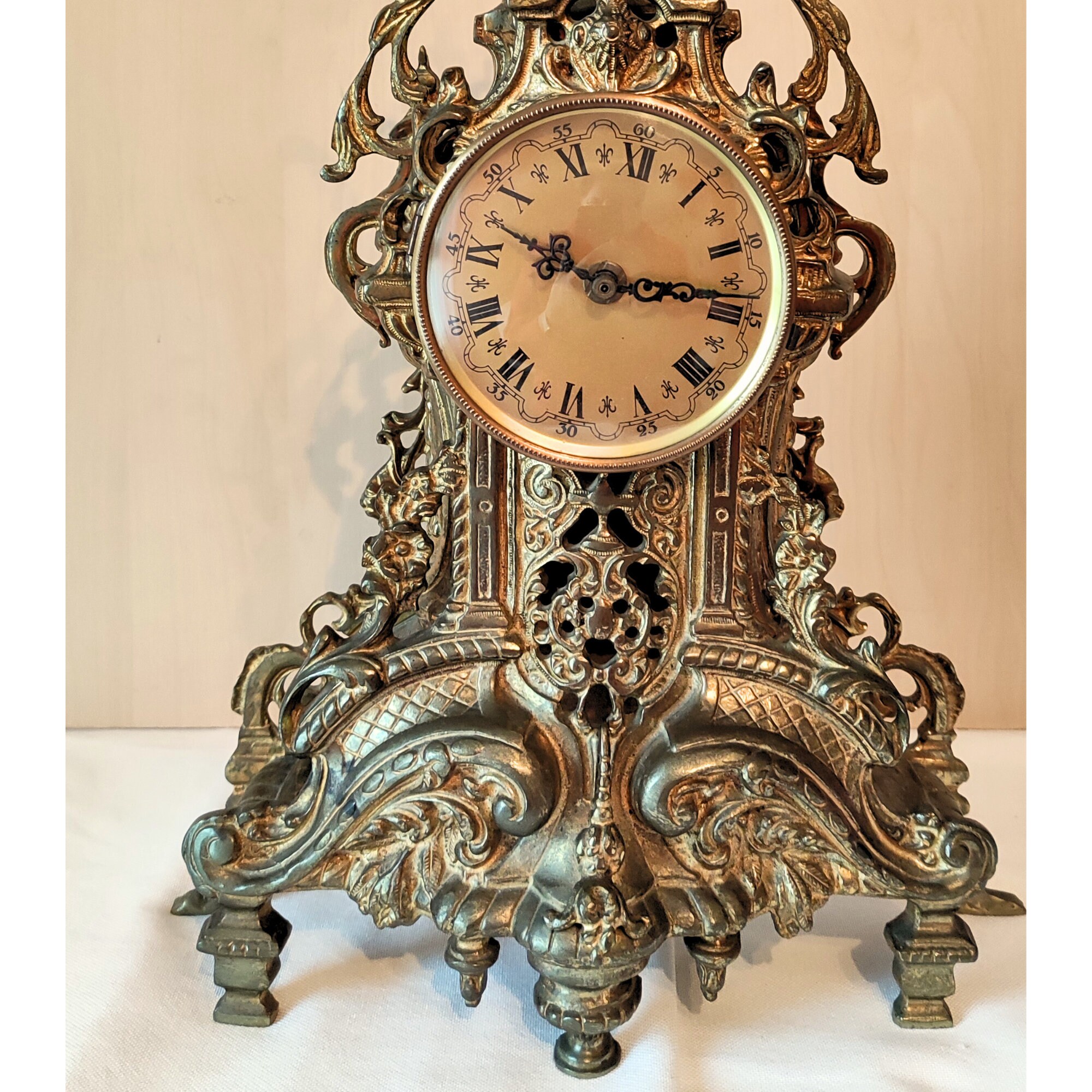 Antique Fireplace Clock Quartz With Pair of Candelabras Vintage Brass ...