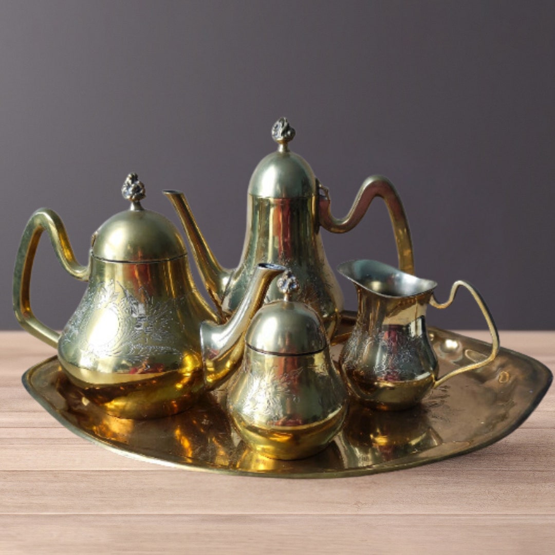 Handcrafted Brass Coffee Set, Made in Iraq, Middle Eastern Tea Pot ...