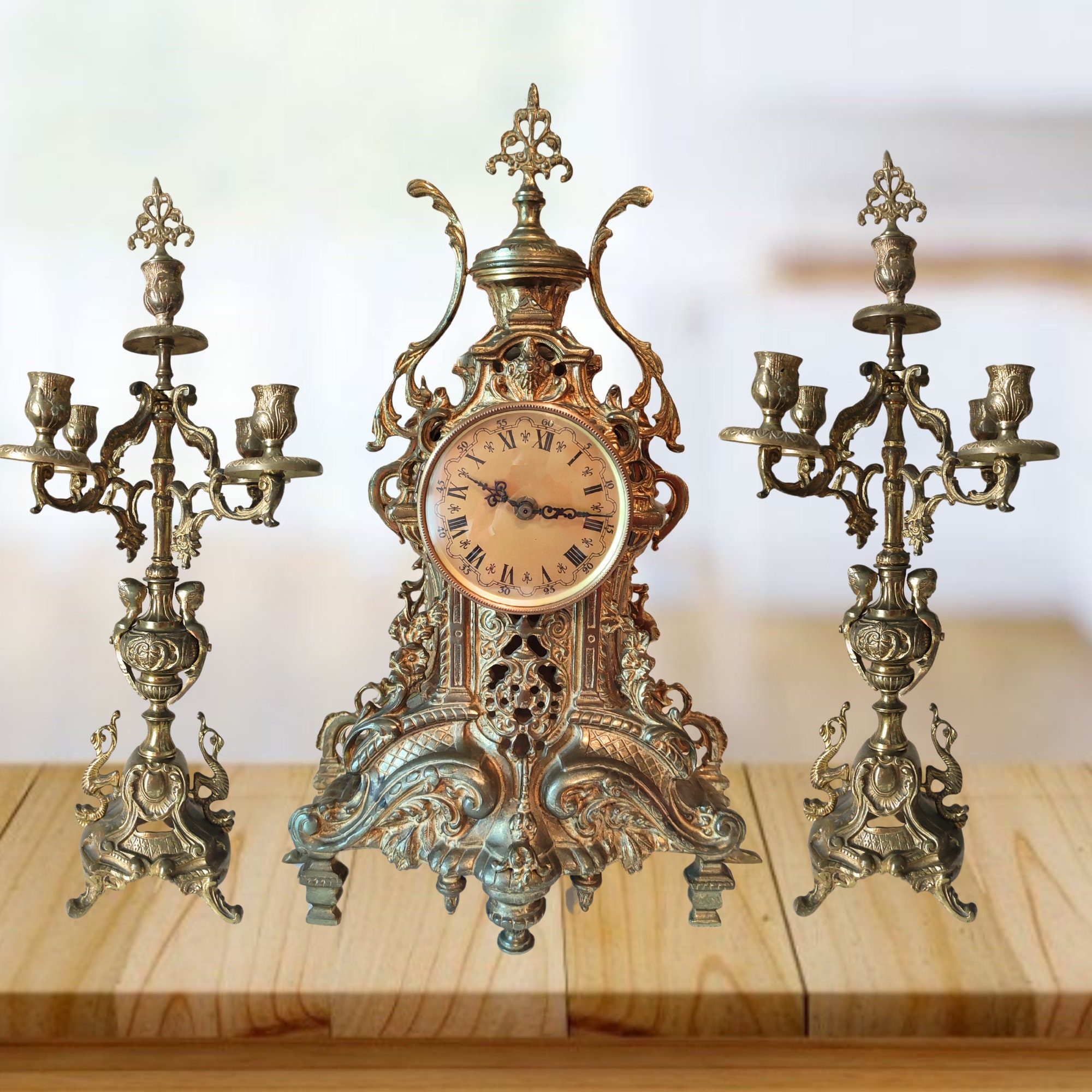 Antique Fireplace Clock Quartz With Pair of Candelabras Vintage Brass ...