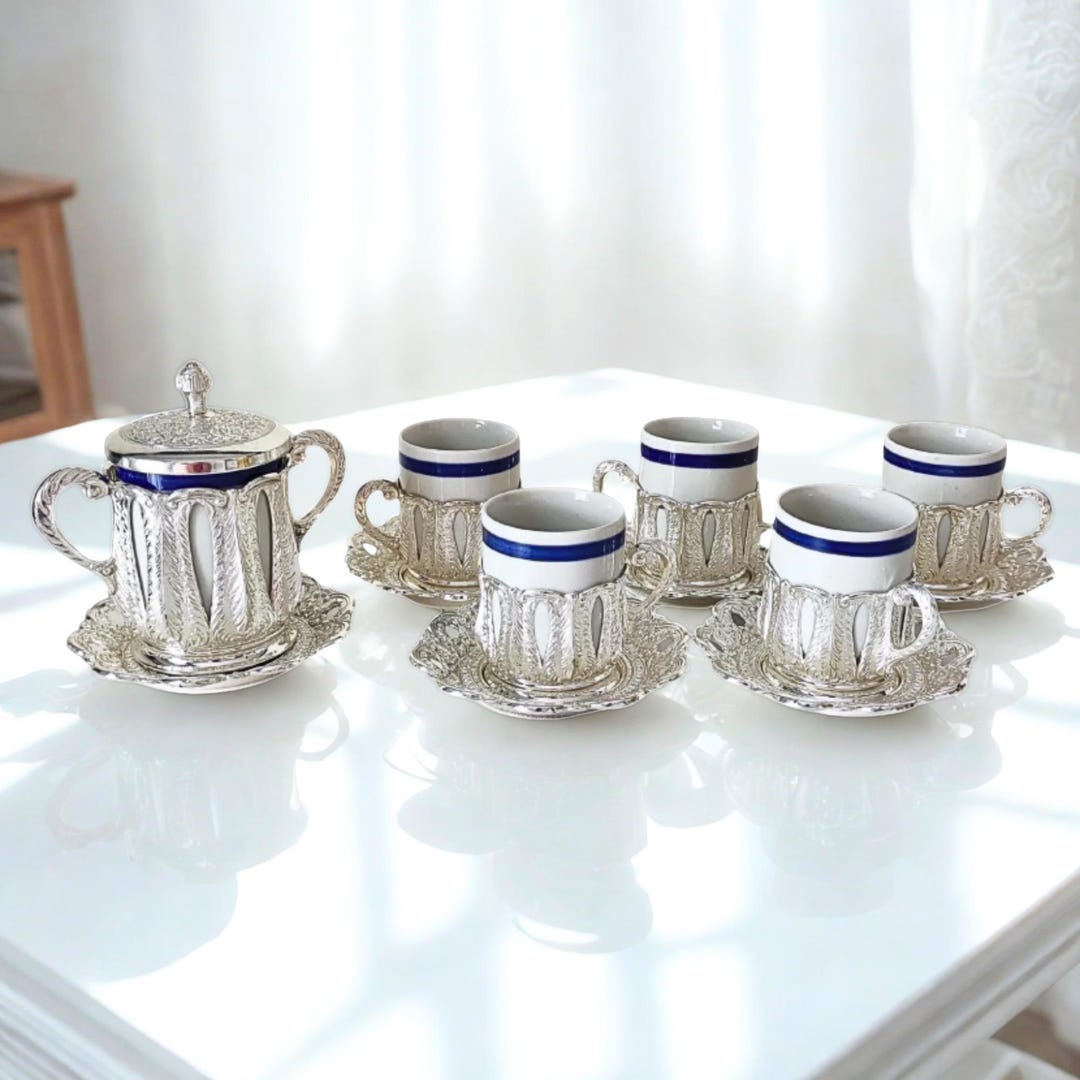 Vintage Italian Espresso Set: Porcelain Mugs, Silver Coasters & Sugar ...