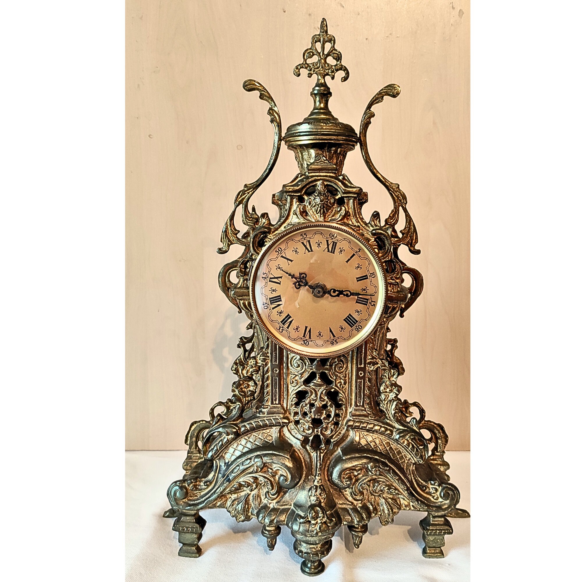 Antique Fireplace Clock Quartz With Pair of Candelabras Vintage Brass ...