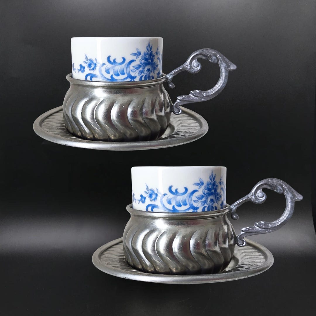 Set of Two Espresso Cups and Saucers, 2 Josephine Porcelain Cups, 2 ...