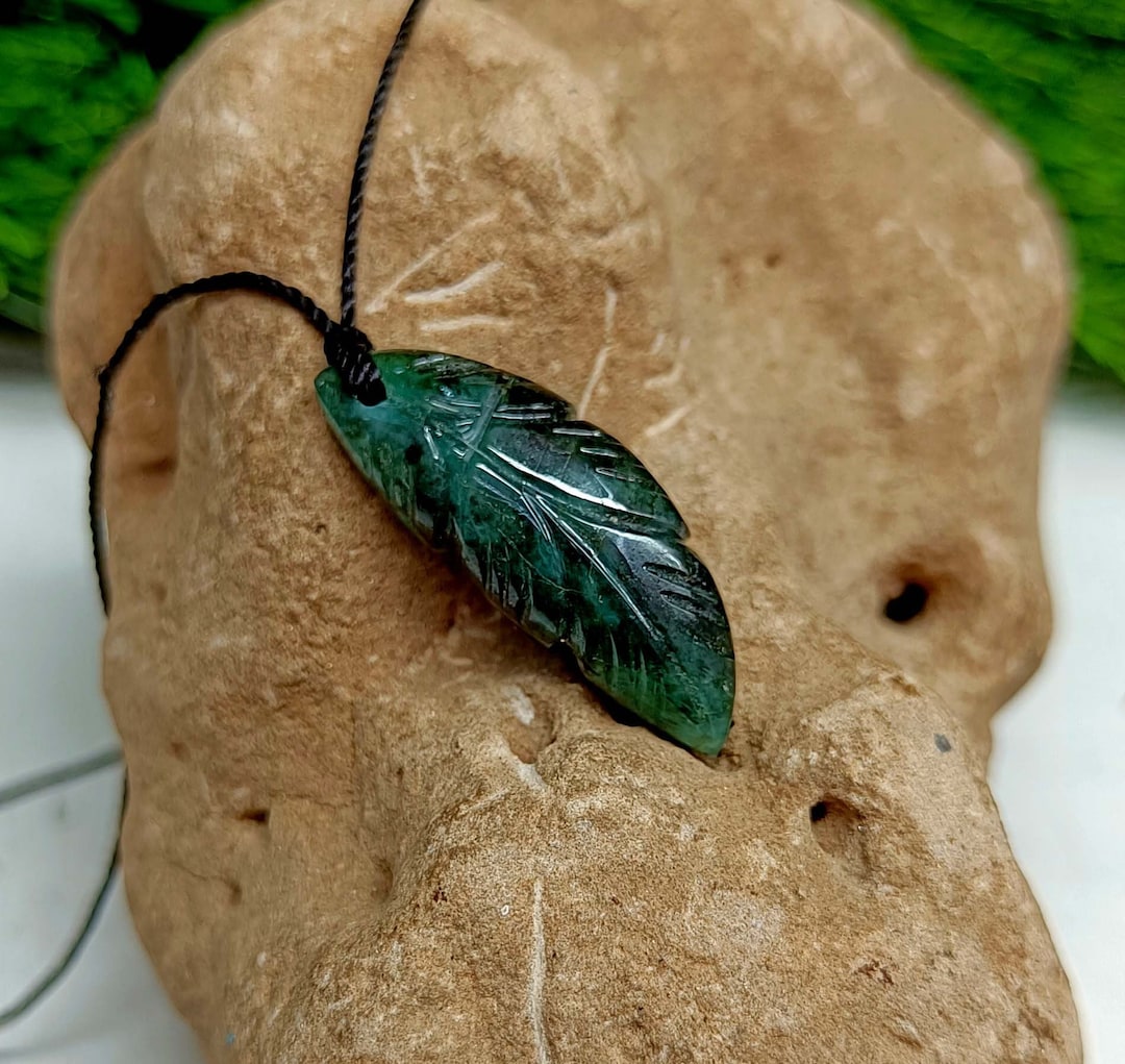Emerald Carving Leaf Hand Made Silk Cord Necklace Pendant,, Emerald ...