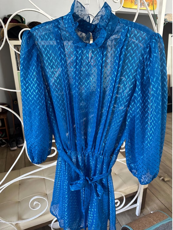 Vintage Electric Blue Sheer Puff Sleeve Mini Dress Si… - Gem