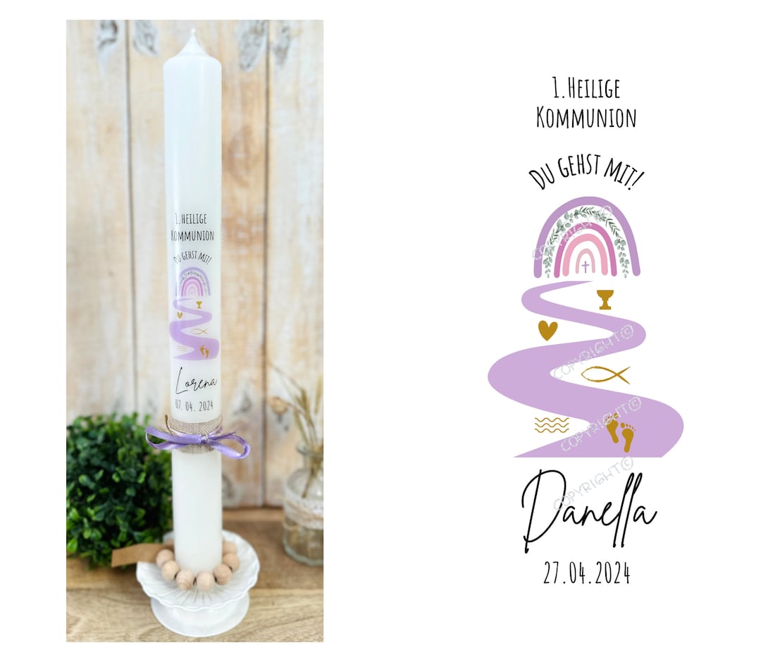 Kommunionkerze " Du gehst mit " Regenbogen Eukalyptus „Danella“ Weg ...