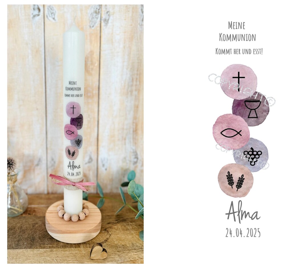 Communion Candle With Saying come and Eat Christian Symbols Cross Fish ...