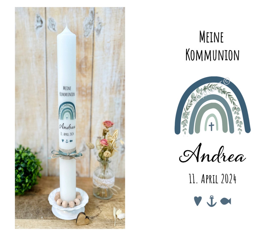 Communion Candle Rainbow Eucalyptus andrea Cross Fish Faith Love Hope ...