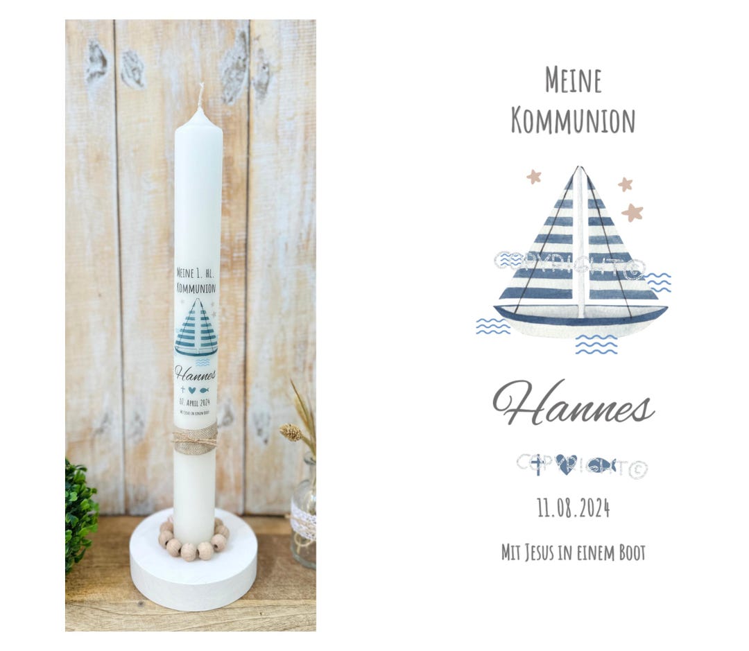 Communion Candle Boat Sailboat Christian Symbols Cross Fish Watercolor ...