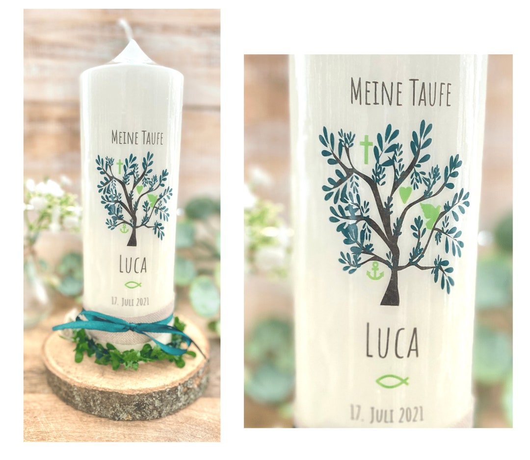 Taufkerze personalisiert mit Name & Datum · Baum des Lebens Symbole ...