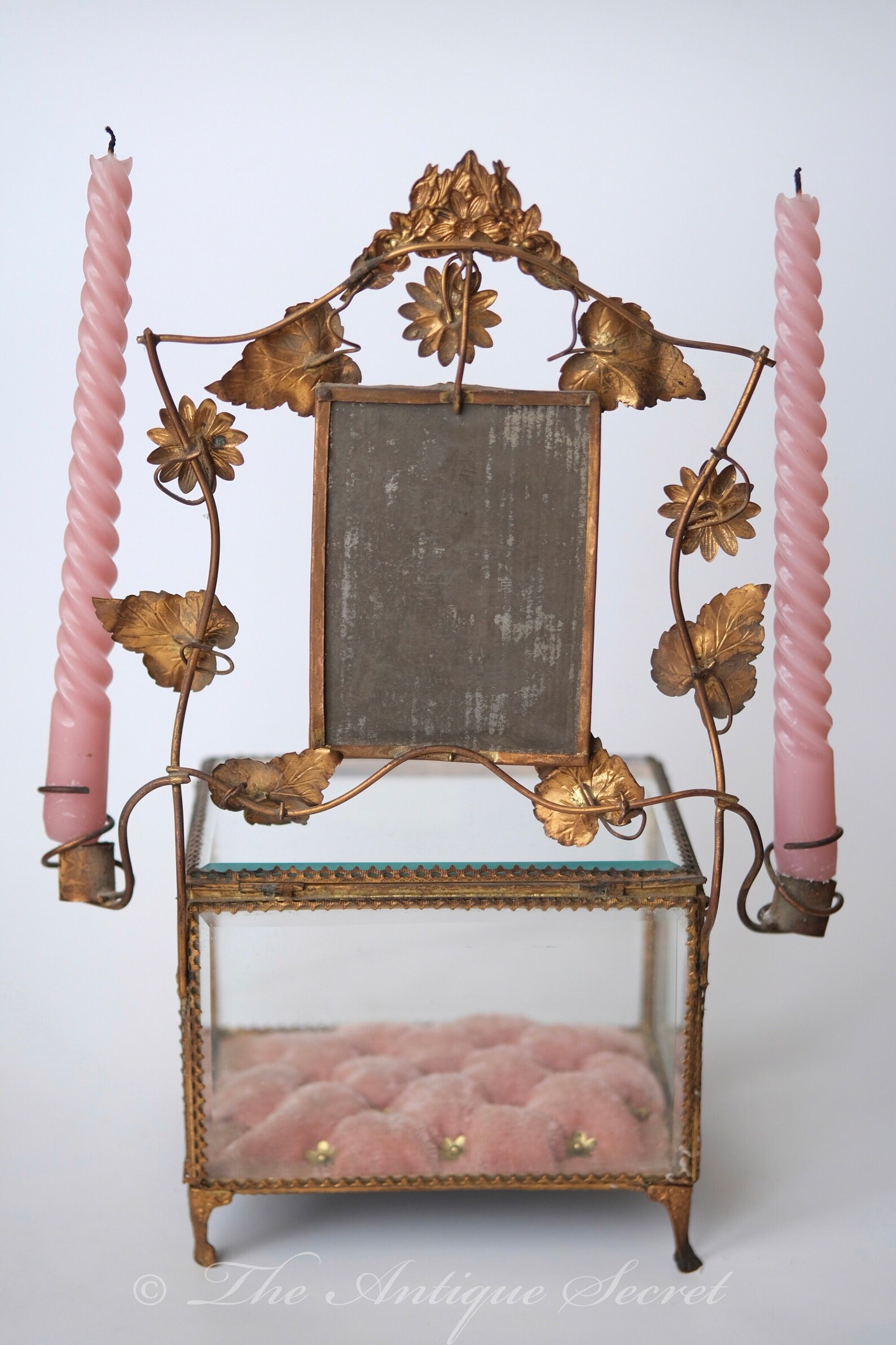 Antique French Reliquary Box, Beveled Glass, Ormolu, Pink Tufted Velvet ...