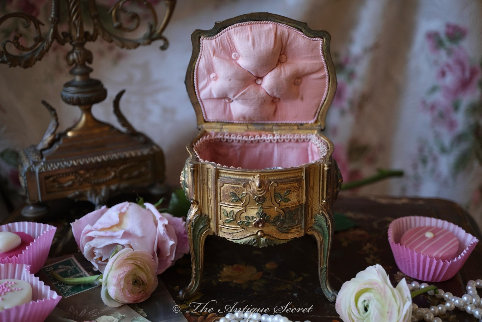 Antique Napoleon III Regule Trinket Box, Powder Pink Silk Interior ...