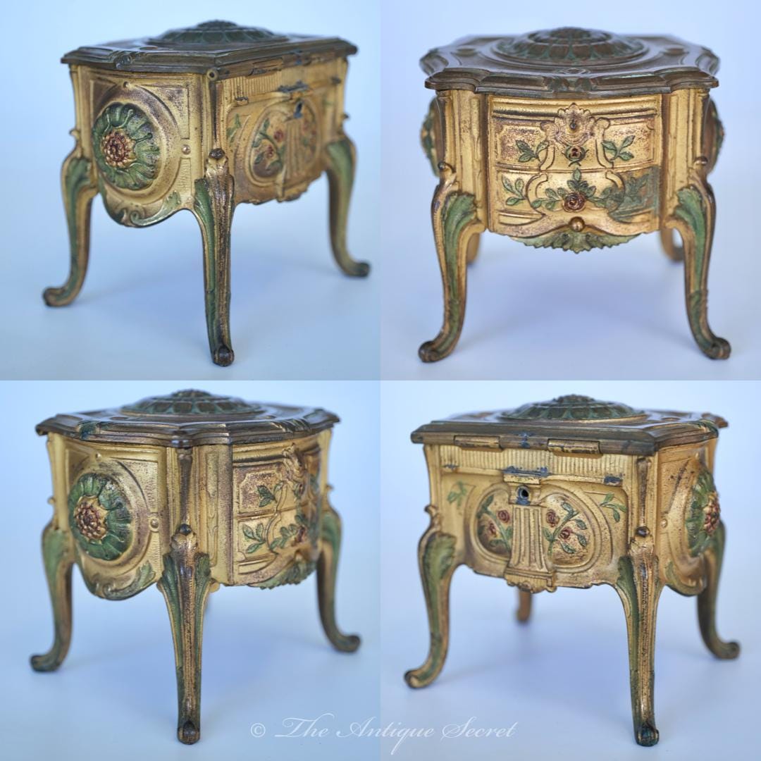 Antique Napoleon III Regule Trinket Box, Powder Pink Silk Interior ...