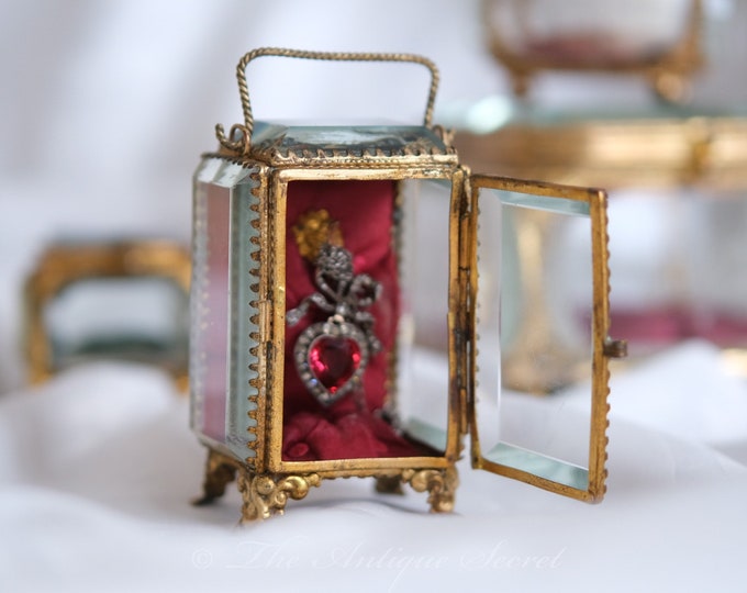 Antique French Jewelry Box, Red Velvet With Brass Decor Trinket Box ...