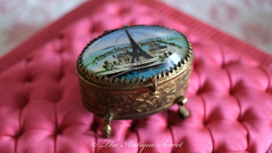 Antique Eiffel Tower Trinket Box, Ormolu Beveled Glass Reliquary ...