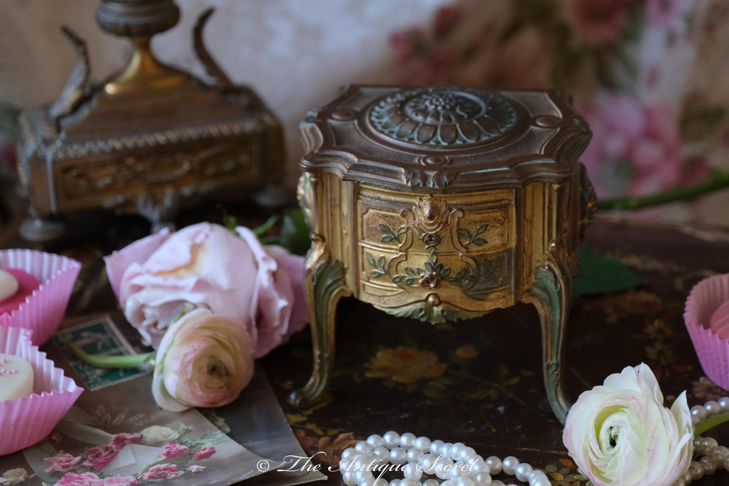 Antique Napoleon III Regule Trinket Box, Powder Pink Silk Interior ...