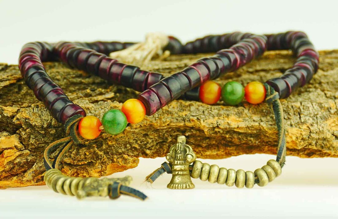 Mala Tibetan Chain Bone, Dark Brown, 108 Discs, Brass, Bell, Counter ...