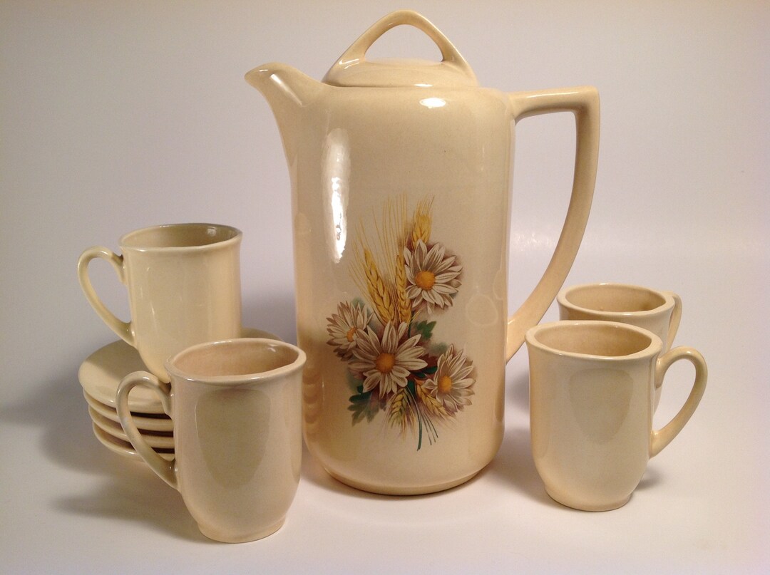 Vintage Pale Yellow 70s Studio Pottery Chocolate Pot Demitasse Set With ...