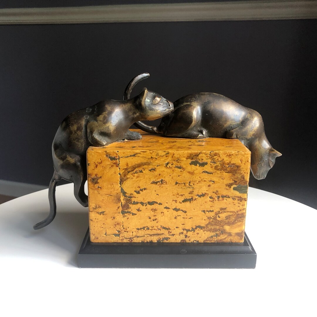 Vintage Bronze Figurine Two Cats on a Wood Pedestal - Etsy