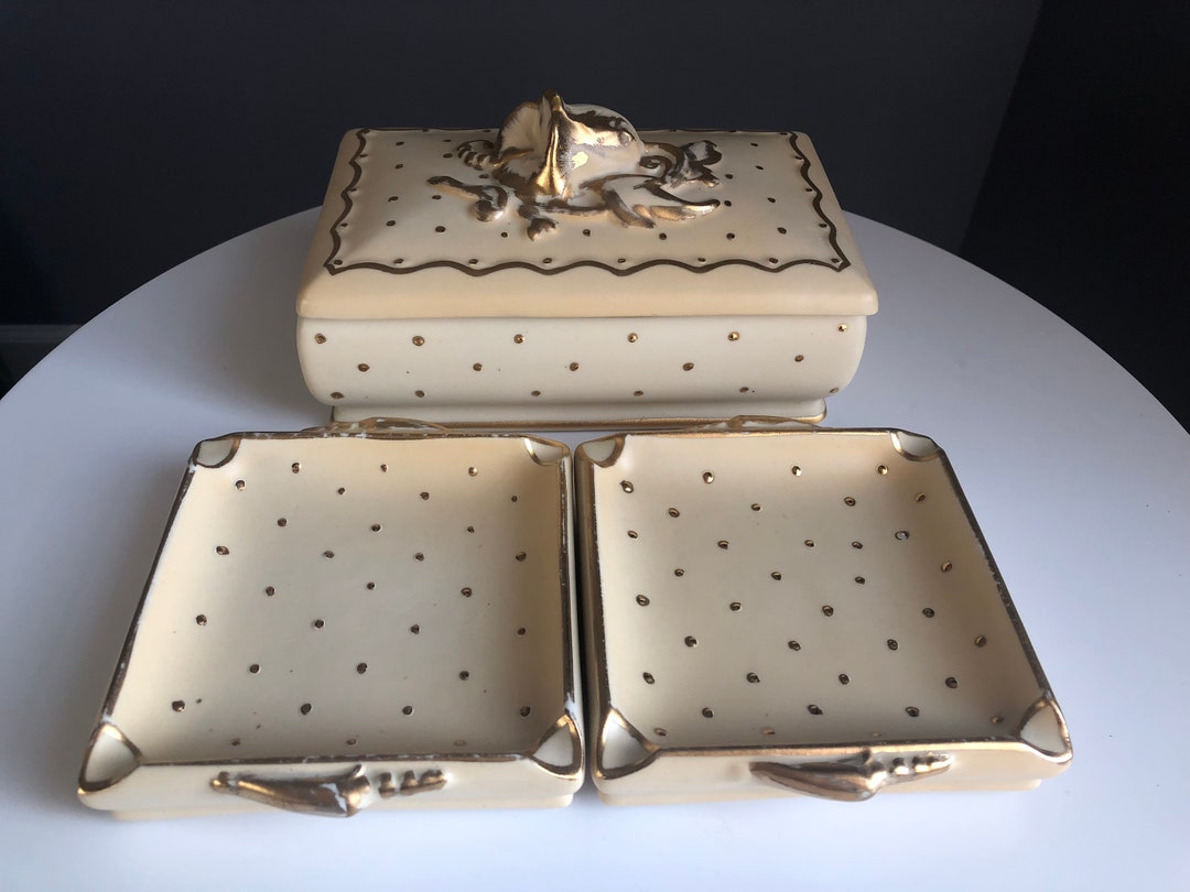 Vintage Porcelain Cigarette Box and Trays Cream With Gilded Dots and ...