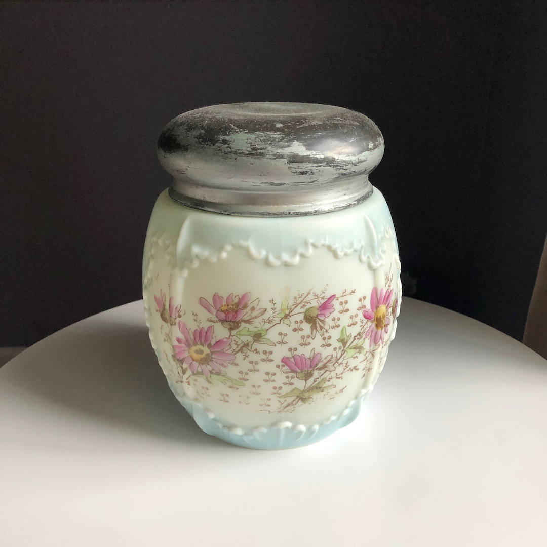 Antique Wavecrest Biscuit Barrel Jar Blue White Pink Daisy Coneflower ...
