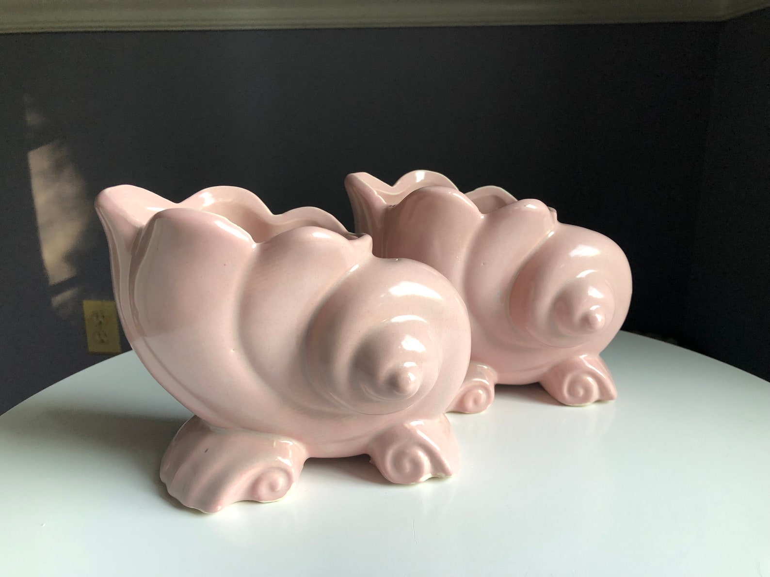 Vintage Pink Shell Nautilus Conch Planter Pair - Etsy