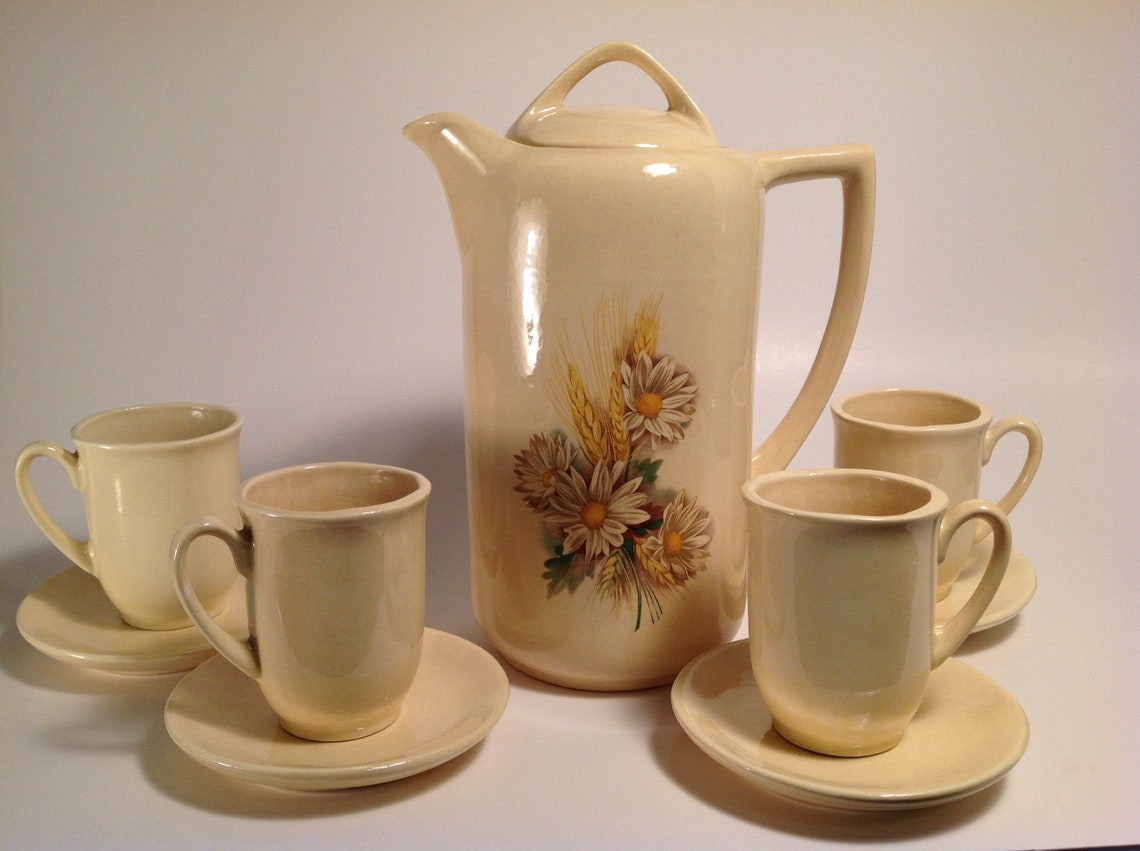 Vintage Pale Yellow 70s Studio Pottery Chocolate Pot Demitasse Set With ...